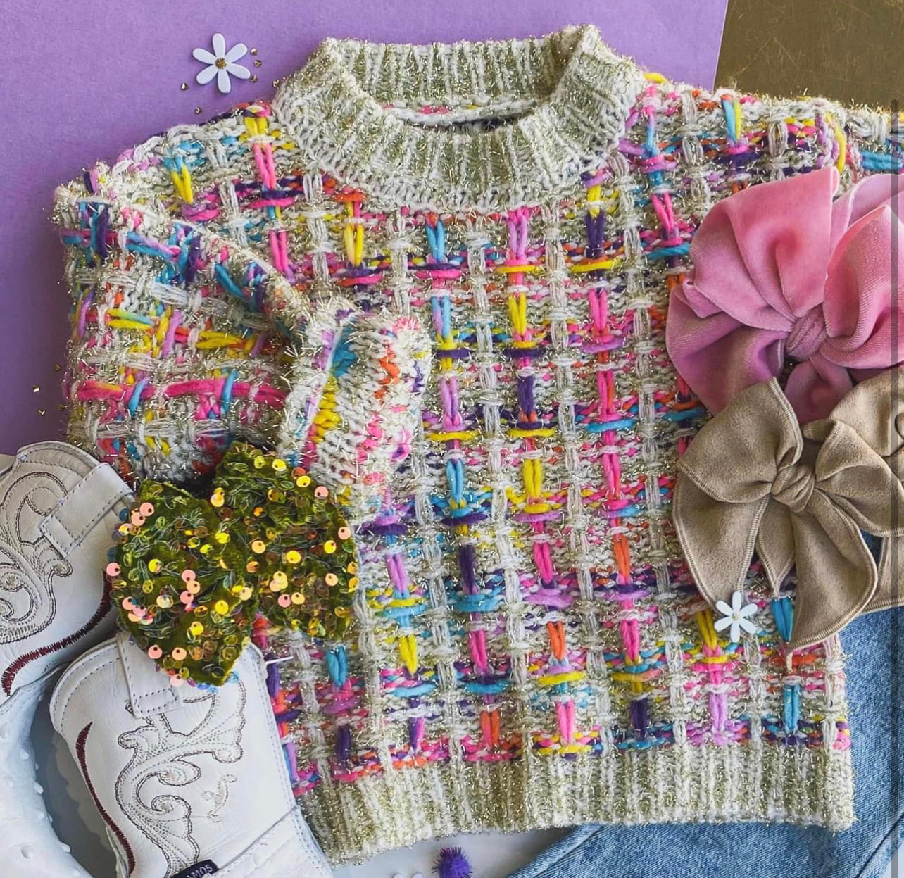Multi-Color Tweed Sweater – Cutie Patooties Boutique